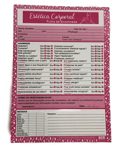 Ficha de Anamnese Estética Corporal 100 Folhas Fios Formas