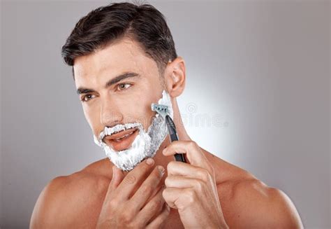 Grooming Foam And Shaving With Face Of Man With Razor For Beauty
