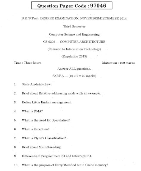 CS6303 Computer Architecture Nov Dec 2014 Question Paper University