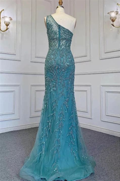 Dallas Chic Jade One Shoulder Open Back Side Slit Sheath Prom Dresses