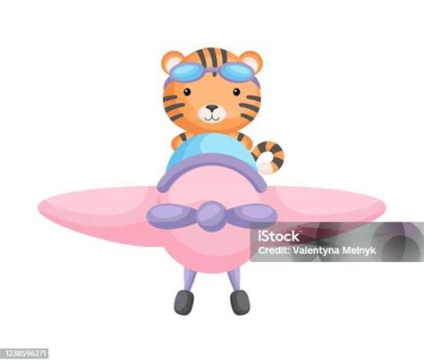 비행기를 비행 하는 에비에이터 고글을 착용 하는 귀여운 호랑이 조종사 어린이 책 앨범 스크랩북 엽서 모바일 게임을위한 그래픽 요소 공휴일에 대한 스톡 벡터 아트 및 기타