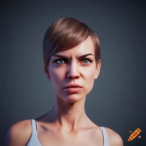 Portrait Of A Young Woman With Short Brown Hair And Turquoise Eyes On