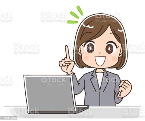 회색 정장을 입은 비즈니스 여성 그녀는 개인용 컴퓨터를 사용합니다 교사 교육 관련 직업에 대한 스톡 벡터 아트 및 기타 이미지