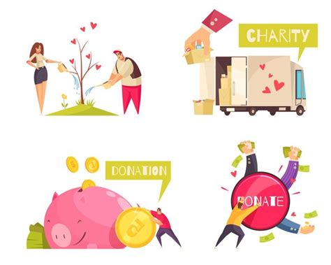 기부 된 항목과 텍스트 일러스트와 함께 인간의 문자로 돈 동전의 자선 디자인 컨셉 무료 벡터