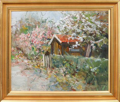 HUGO ÖFVERSTRÖM Blommande träd och hus olja på duk signerad Konst