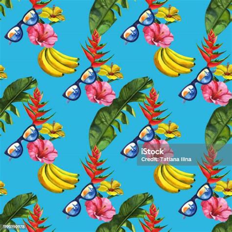 수채화 열대 원활한 패턴 선글라스 손으로 그리기 장식 배경입니다 섬유 천 벽지 스크랩북 인쇄 0명에 대한 스톡 벡터 아트 및 기타 이미지 Istock