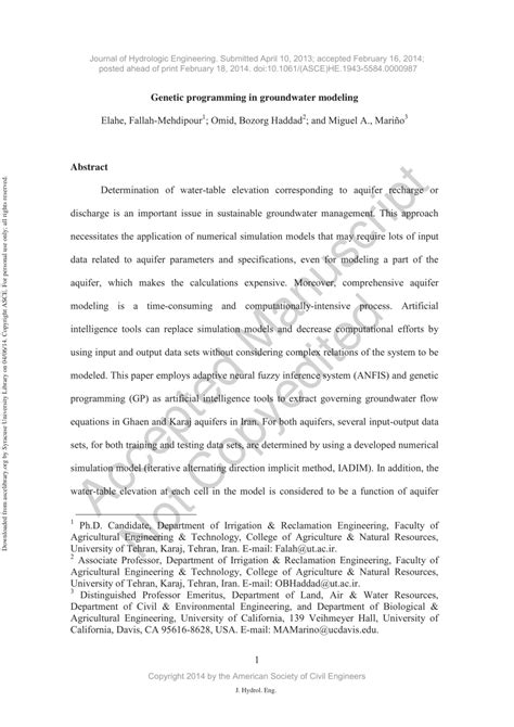 Pdf Genetic Programming In Groundwater Modeling