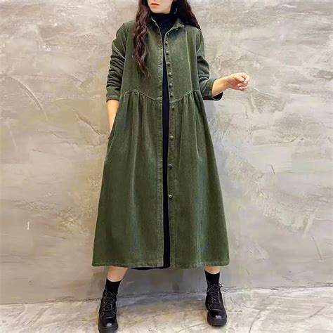 Vestido Largo De Pana Gruesa Para Mujer Camisa De Manga Larga C Rdigan