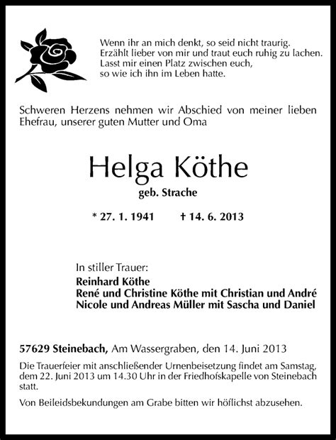 Traueranzeigen Von Helga Köthe Rz Trauerde