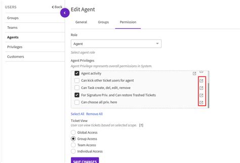 In Agent Option The Permission Tab Should Be Shown A Privileges Icon