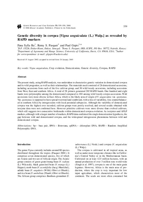 Pdf Genetic Diversity In Cowpea Vigna Unguiculata L Walp As