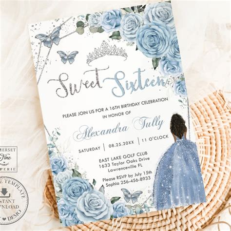 Light Blue Sweet 16 Printable Invitation Etsy