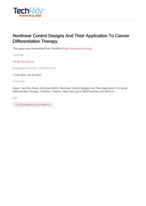 Pdf Nonlinear Control Designs And Their Application To Cancer Differentiation Therapy