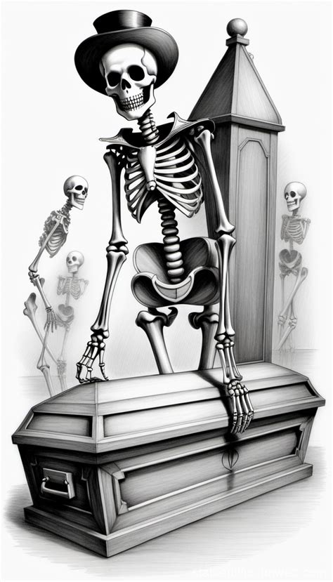 A Skeleton Carrying A Coffin With The Lid Open And A Clown Looking Out