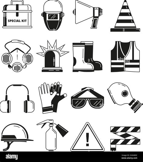 Safety Work Security Symbols Vector Monochrome Illustrations Safety Protection Sign And Mask