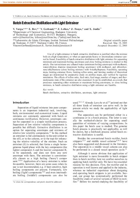 Pdf Batch Extractive Distillation With Light Entrainer