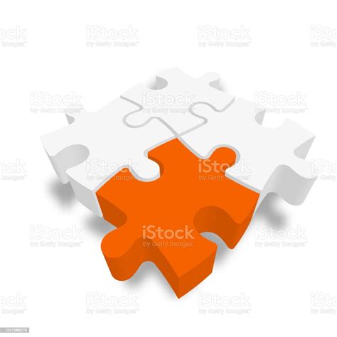 3d 직소 퍼즐 조각 주황색이 강조 표시된 흰색 조각 팀 협력 팀워크 또는 솔루션 비즈니스 테마 그림자가 떨어지는 벡터