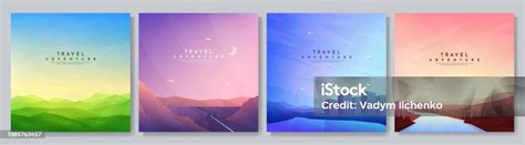 벡터 그림입니다 추상 배경 집합입니다 미니멀 한 스타일 평면 개념 배경 화면 가로 컬렉션 녹색 초원 도시 건물 언덕 사이의 도로 숲의 산강 웹 배너 도시에 대한 스톡 벡터