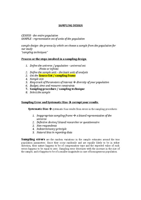 Sampling Design Sampling Design Census The Entire Population Sample