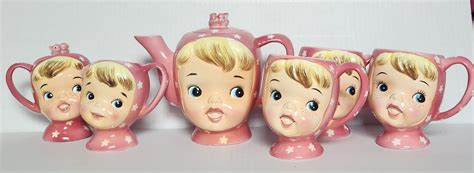Vintage Napco Miss Cutie Pie Pink Tea Set With Teapot Cream And Sugar