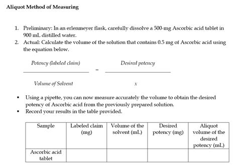 Solved Aliquot Method Of Measuring Preliminary In An Chegg