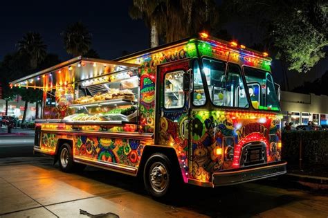 Premium Photo A Brightly Lit Food Truck Parked On The Side Of The