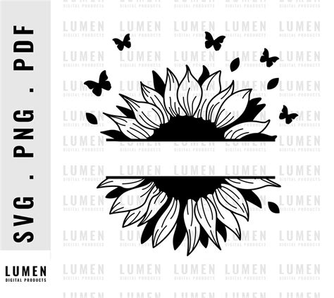 Split Sunflower Svg Sunflower And Butterflies Svg Split Sunflower Png