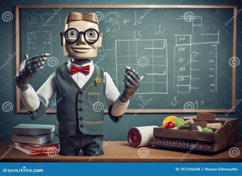 Automatic Human Like Robot Standing In Front Of Class With Pupils And