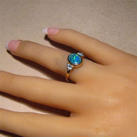 Blue Australian Opal Ring Trillion Topaz 14k Gold 7976 Gold Opal