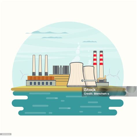 フラット スタイルの湖に原子力発電所のベクトル図 イラストレーションのベクターアート素材や画像を多数ご用意 イラストレーション