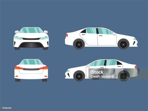 파란색 배경 일러스트 벡터 측면 앞면 뒷면에 흰색 세단 자동차보기 세트 0명에 대한 스톡 벡터 아트 및 기타 이미지 0명 Brand Name Domestic Car