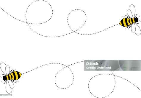 꿀벌 비행 경로 점선으로 날아다니는 꿀벌 꿀벌의 비행 경로 점선 경로로 날아다니는 꿀벌 손으로 그린 꿀벌 벡터 일러스트 레이 션