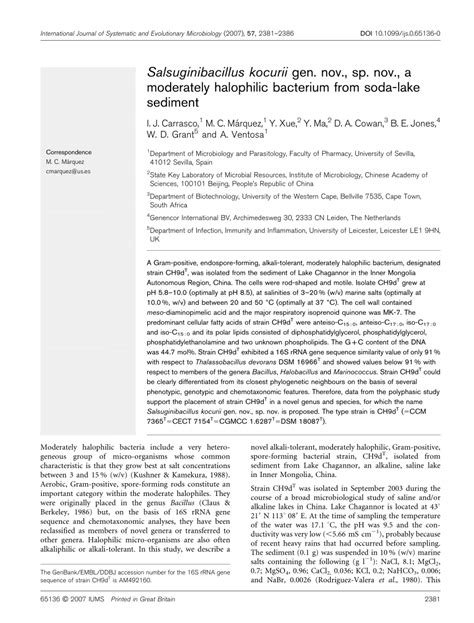 Pdf Salsuginibacillus Kocurii Gen Nov Sp Nov A Moderately Halophilic Bacterium From Soda