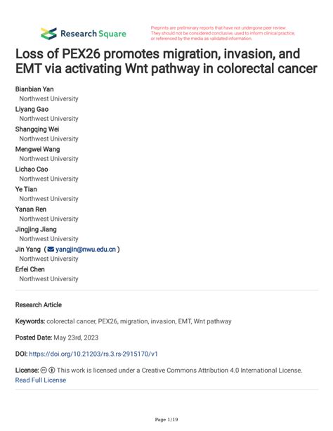 Pdf Loss Of Pex26 Promotes Migration Invasion And Emt Via