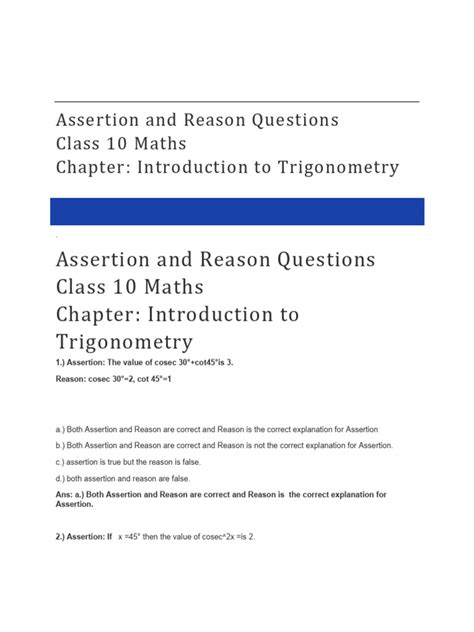 Assertionandreasoning Trigonometry Class10 Pdf Trigonometric Functions Triangle Geometry