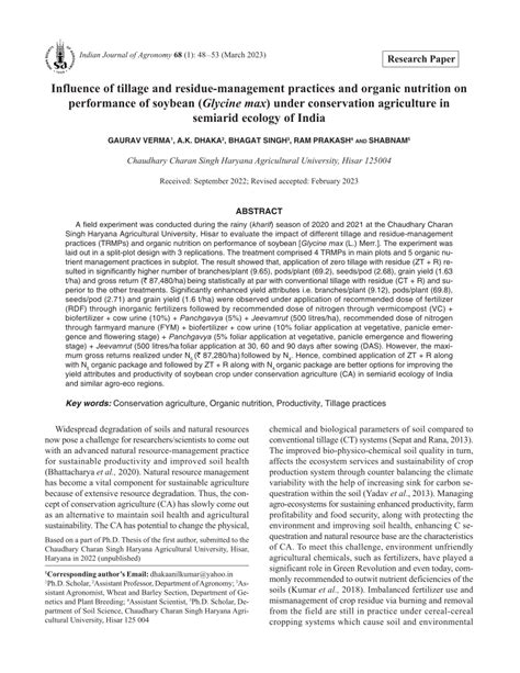 Pdf Influence Of Tillage And Residue Management Practices And Organic
