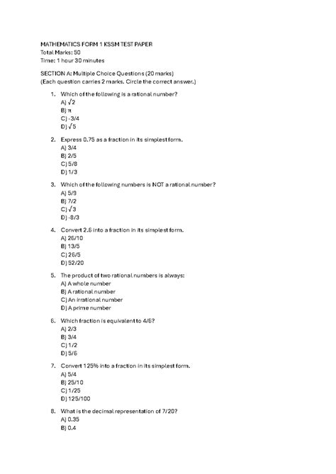 Mathematics Form 1 Kssm Test Paper Rational Numbers And Problem Solving