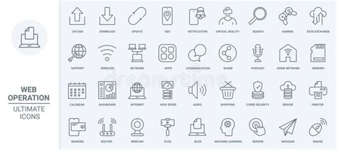 Web Communication Thin Line Icons Set Upload Download And Update Data And Geo Location Stock