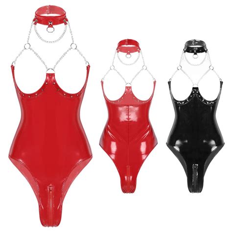 Women One Piece Wetlook Patent Leather Zipper Crotch Teddy Bodysuit