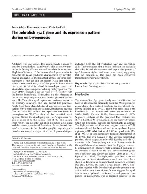 Pdf The Zebrafish Eya1 Gene And Its Expression Pattern During