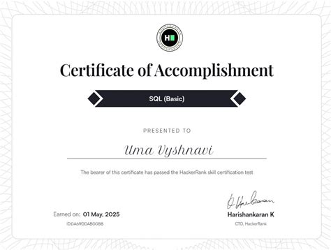 Sql Dataanalytics Hackerrank Certificate Learningjourney