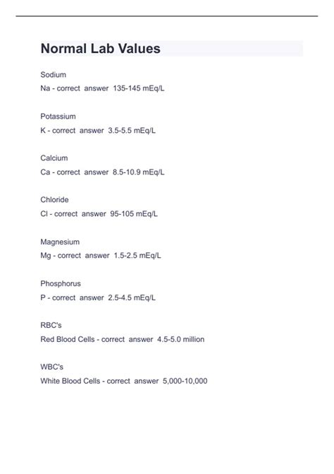Normal Lab Values Lab Values Galen College Of Nurs Question And Answers
