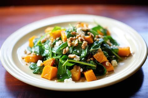 Diced Roasted Butternut Squash On Spinach Feta Walnuts Stock Image