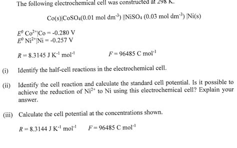 Solved The Following Electrochemical Cell Was Constructed At