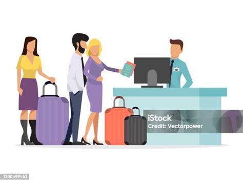 공항에서 다른 사람들의 큰 대기열 항공사 대기열 벡터 그림입니다 출발 항공사에 수하물을 가지고 있는 사람 공항에 대한 스톡 벡터