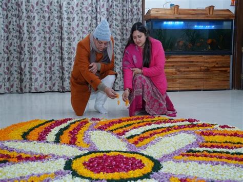 Ahead Of Pran Pratishtha Ceremony Cm Dhami Wife Make Rangoli At