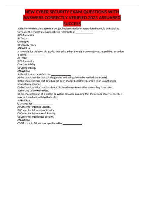 New Cyber Security Exam Questions With Answers Correctly Verified 2023 Assuared Success New
