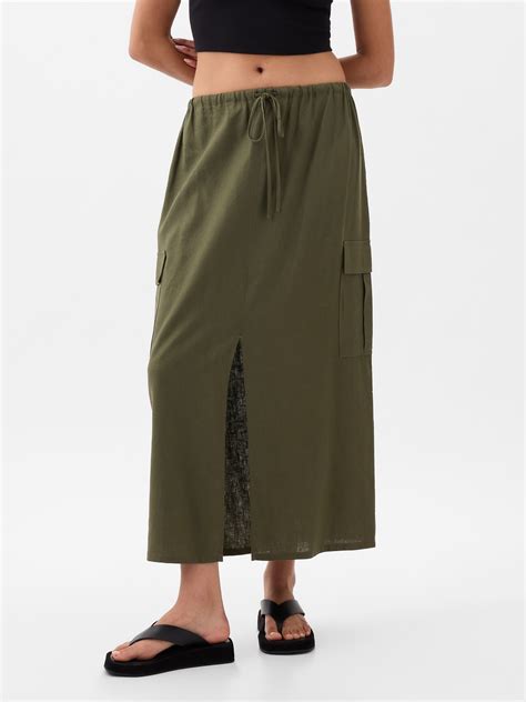 Linen Blend Cargo Midi Skirt Gap