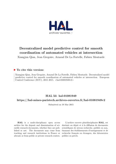 Pdf Decentralized Model Predictive Control For Smooth Coordination Of Automated Vehicles At