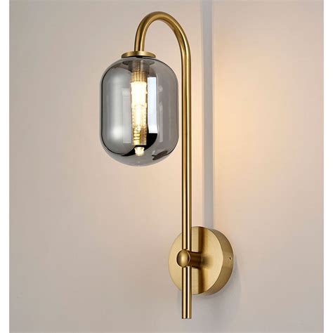 Lumiere Tenterden Curved Arm Ip44 Wall Light In Brass Gold With Smooth Tubular Smoke Glass Diffuser
